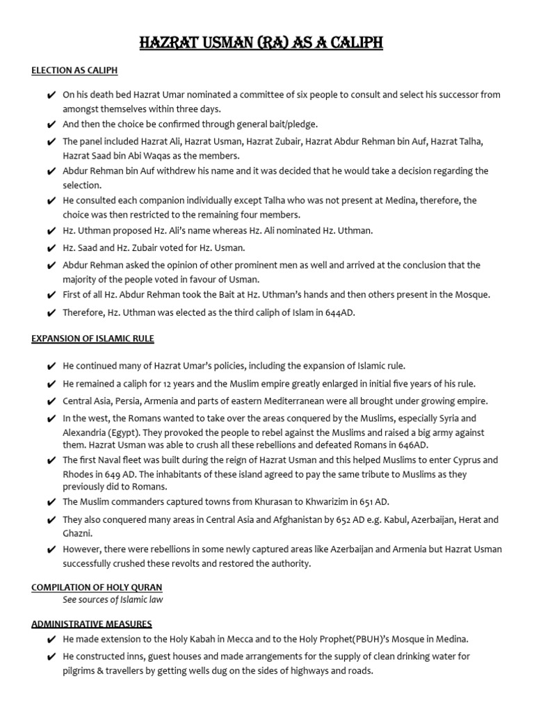 Hazrat Usman As A Caliph (New) | PDF | Caliphate | Ali