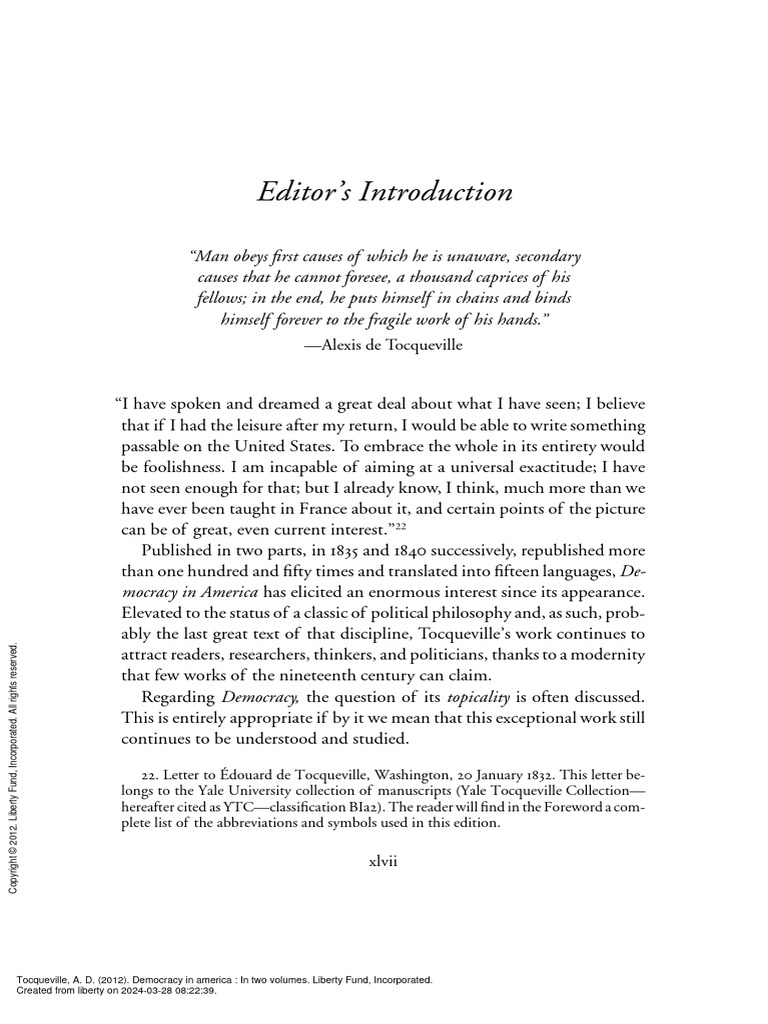 Democracy in America Introduction | PDF | Democracy In America | Alexis De Tocqueville