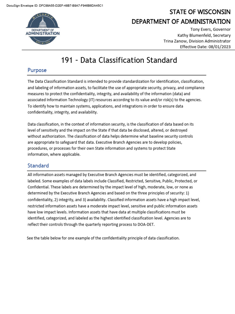 191 Data Classification Standard Pdf Information Security Classified Information