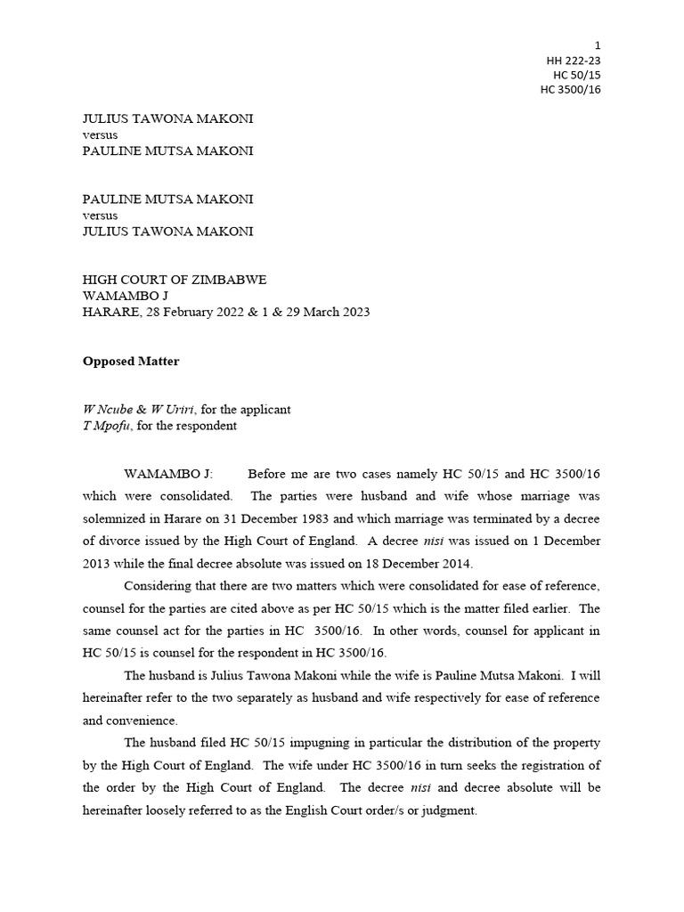 Julius and Pauline Makoni Divorce Case | PDF | Judgment (Law ...