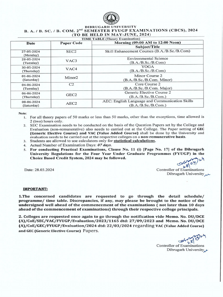 2nd Sem FYUGP - May June - 2024 | PDF