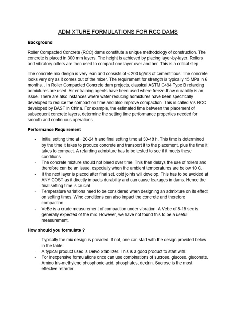 Admixture Formulations For RCC Dams | PDF | Materials | Structural ...