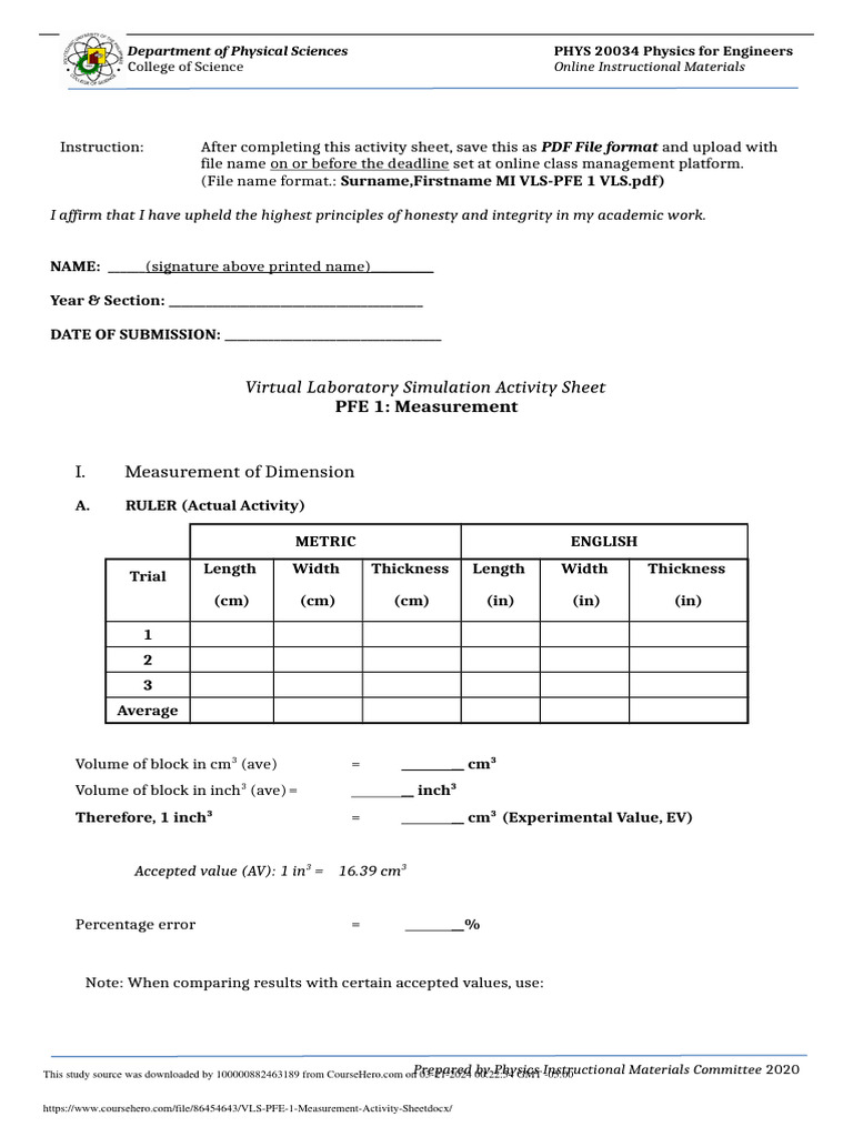 PFE 1 Measurement Activity Sheet | PDF | Measurement | Metrology