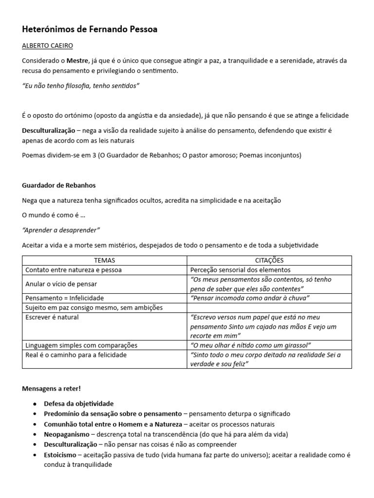 Heterónimos de Fernando Pessoa | PDF | Felicidade | Pensamento
