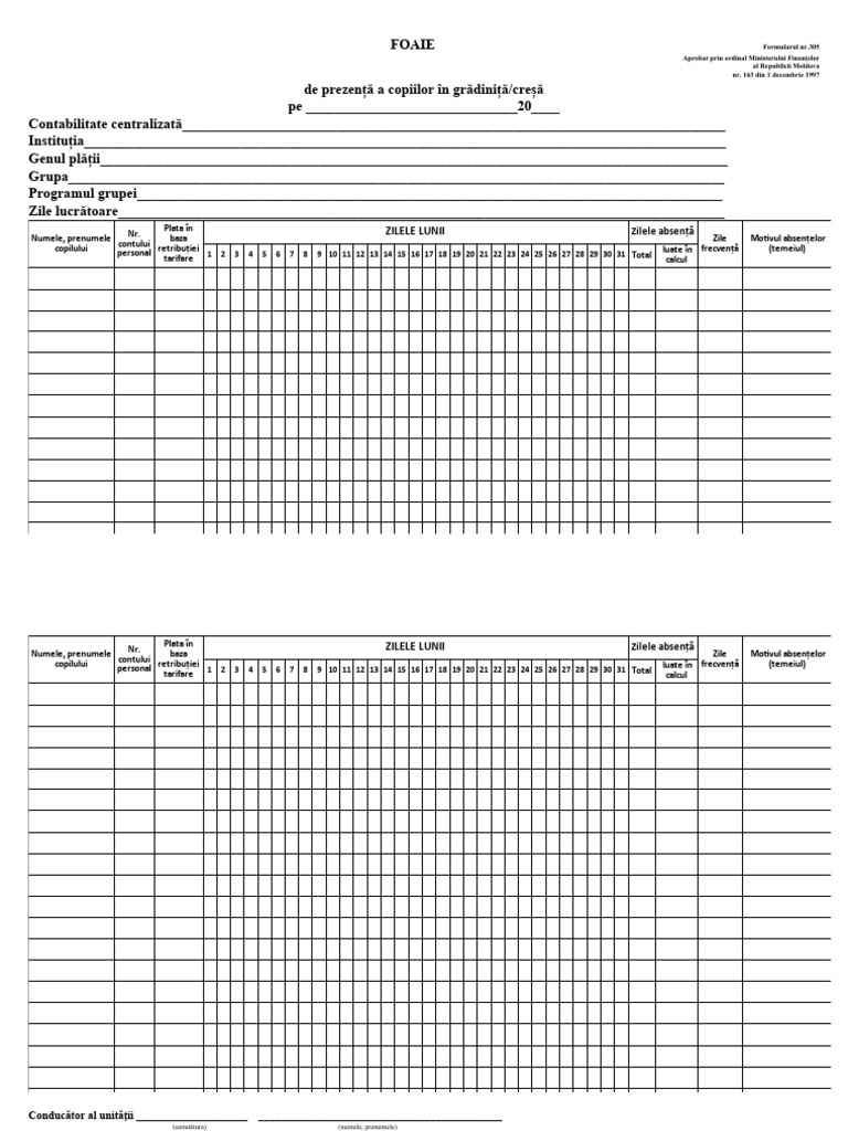 FOAIE de Prezenta A Copiilor Formularul NR | PDF