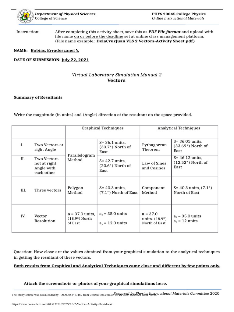 PFE 2 Vectors Activity Sheet | PDF | Euclidean Vector | Euclidean Geometry