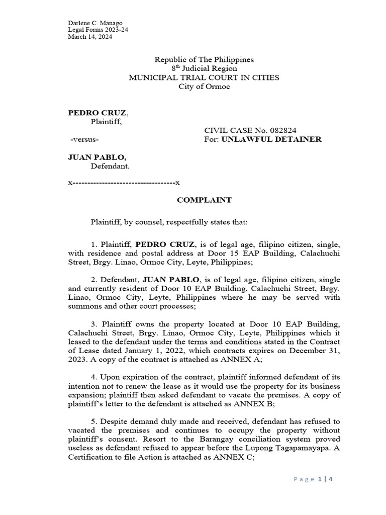 Complaint For Unlawful Detainer | PDF | Complaint | Affidavit