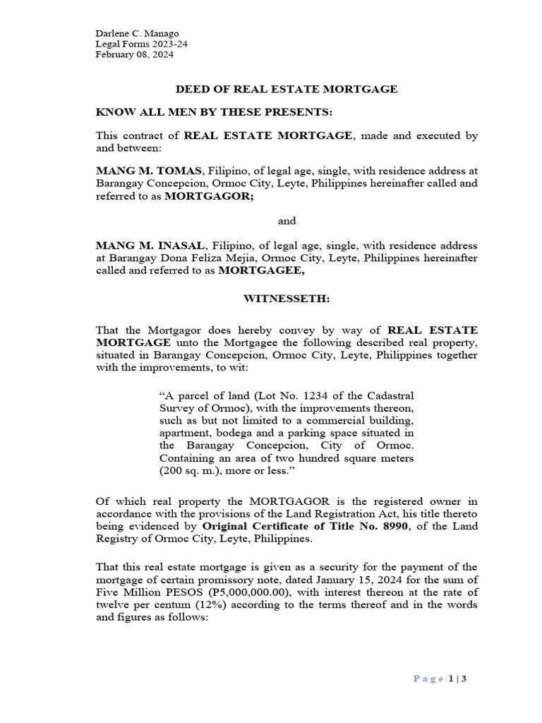 DEED OF REAL ESTATE MORTGAGE | PDF | Mortgage Law | Civil Law (Common Law)
