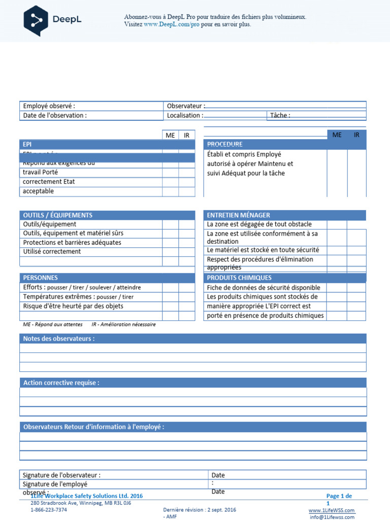 Behavior Based Safety Observation Checklist Xls FR | PDF
