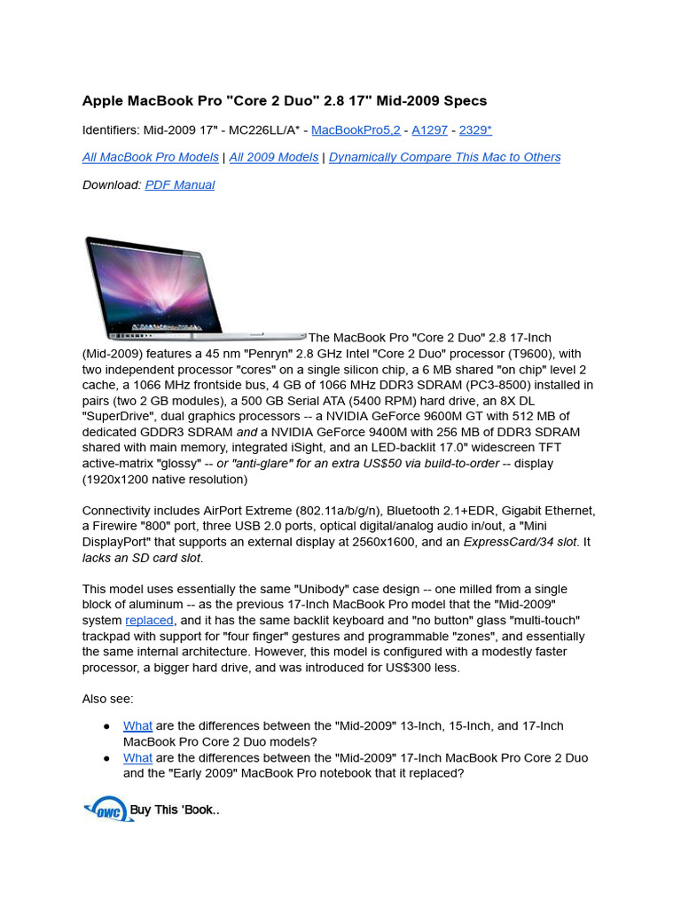 Apple MacBook Pro Core 2 Duo 2.8 17" Mid-2009 Specs | PDF | Computer ...