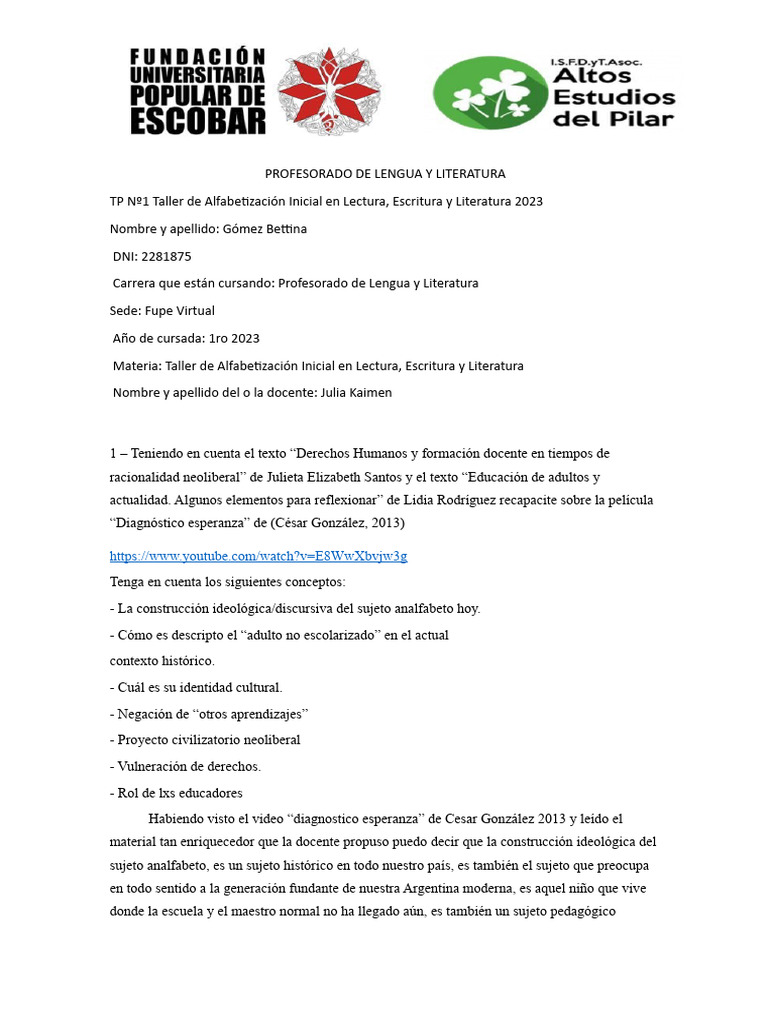 Trabajo Practico N°1 Taller de Alfabetizacion Inicial en Lectura ...