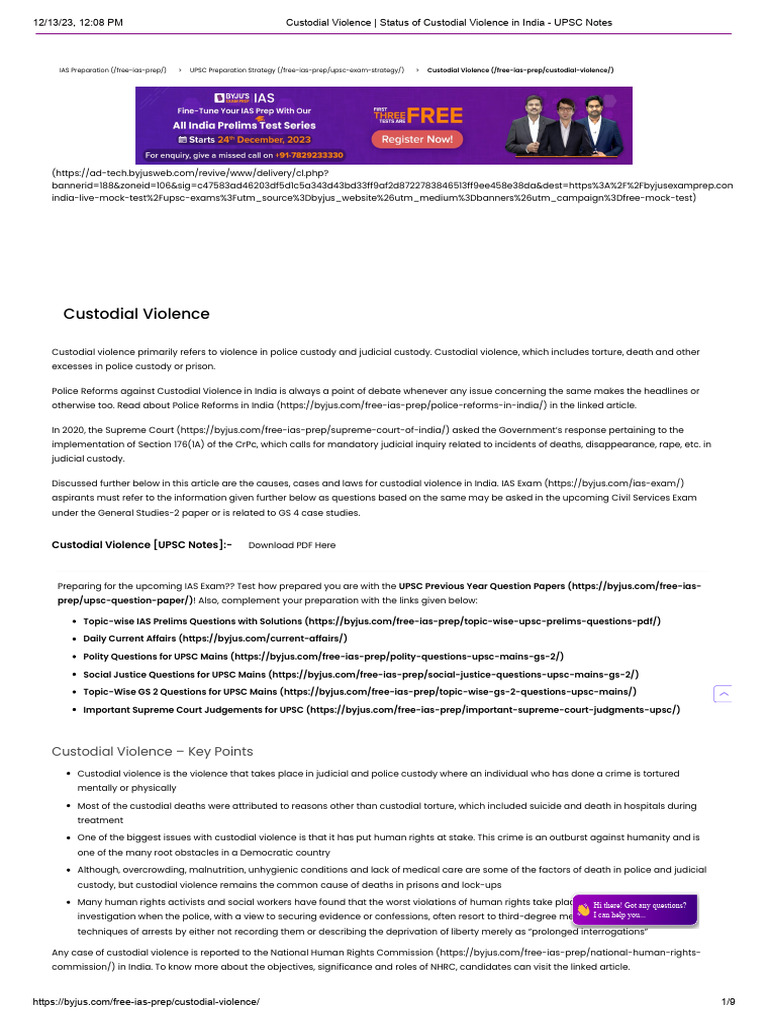 Custodial Violence - Status of Custodial Violence in India - UPSC Notes ...
