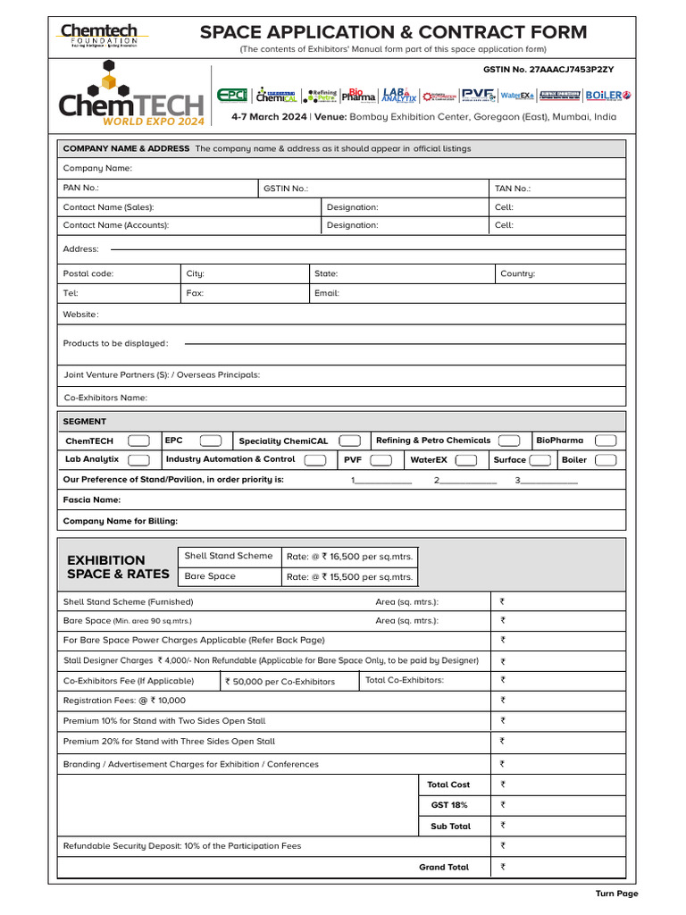 Chemtech 2024 Space Application Form Indian | PDF