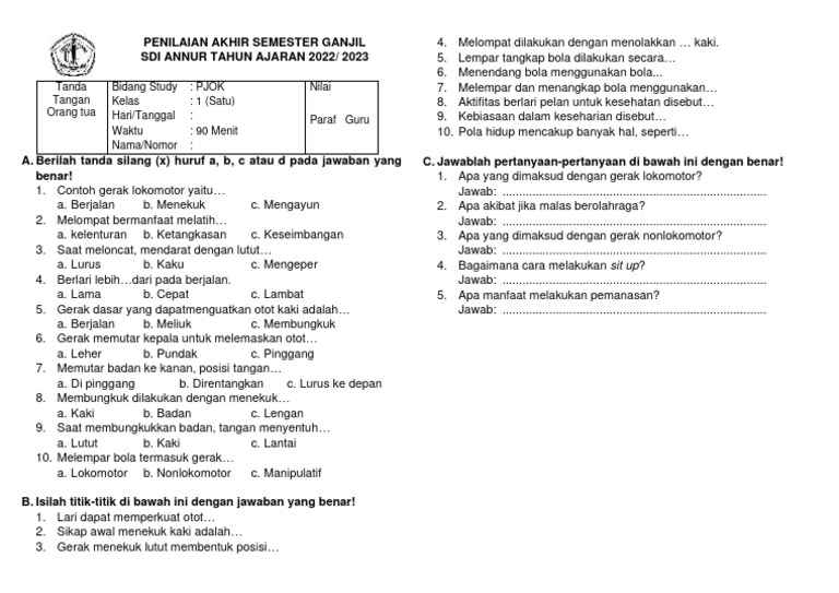Soal Pas Ganjil Kelas 1 2022-2023 | PDF