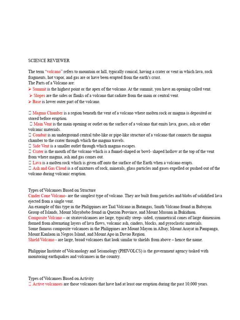 Science Reviewer | PDF | Volcano | Types Of Volcanic Eruptions