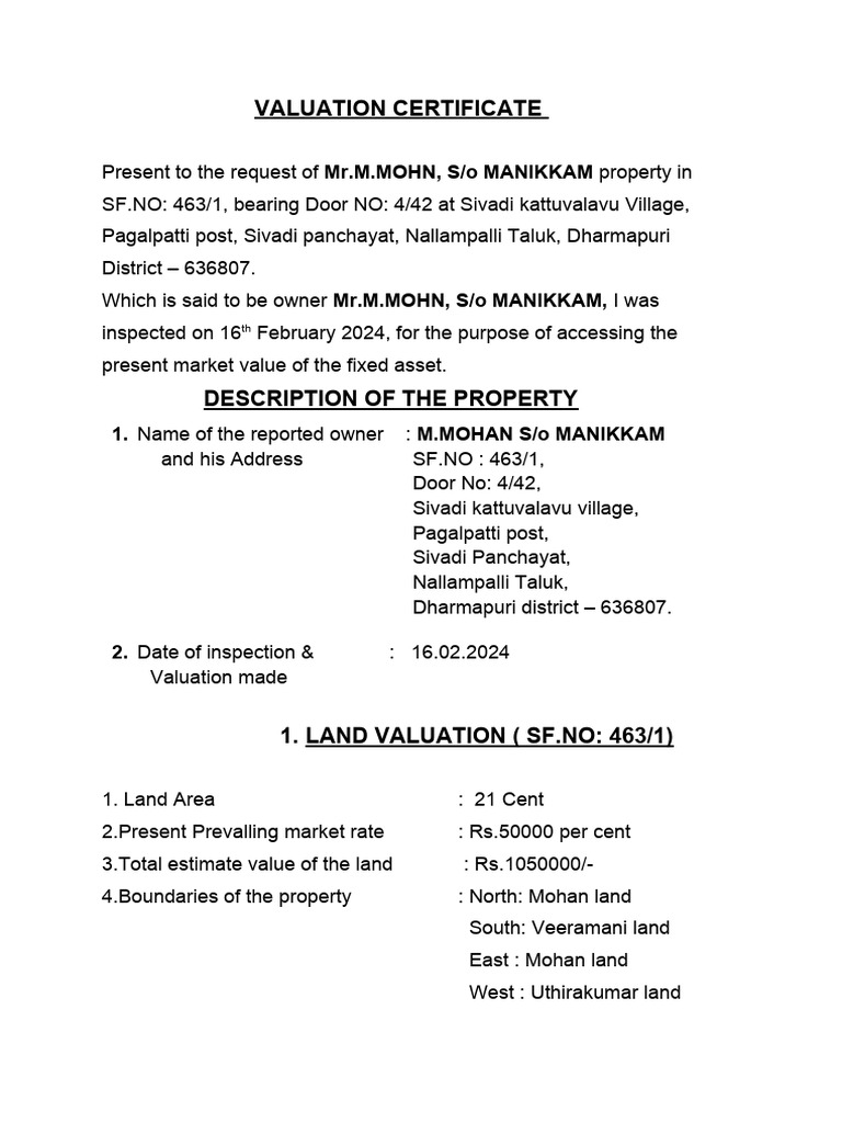 Valuation Certificate for Property SF.NO: 463/1 | PDF | Valuation ...