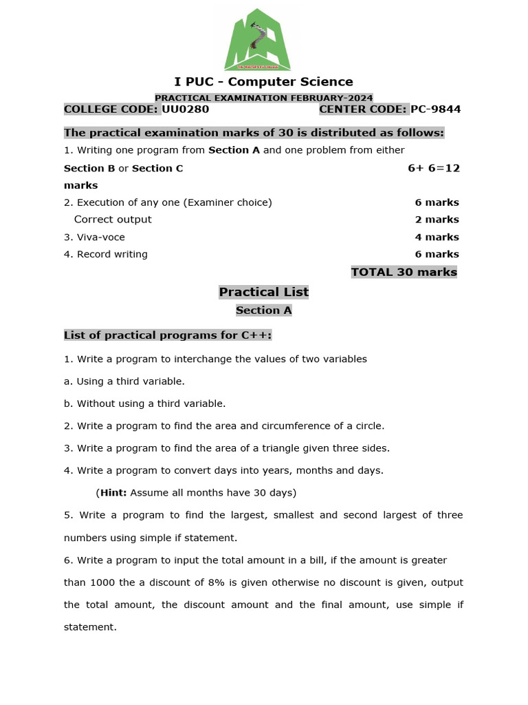 I Puc Lab Blue Print CS - 2023 | PDF | Spreadsheet | Computer Programming