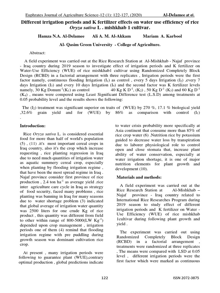 Different Irrigation Periods and K Fertilizer Effects On Water Use Efficiency of Rice Oryza ...
