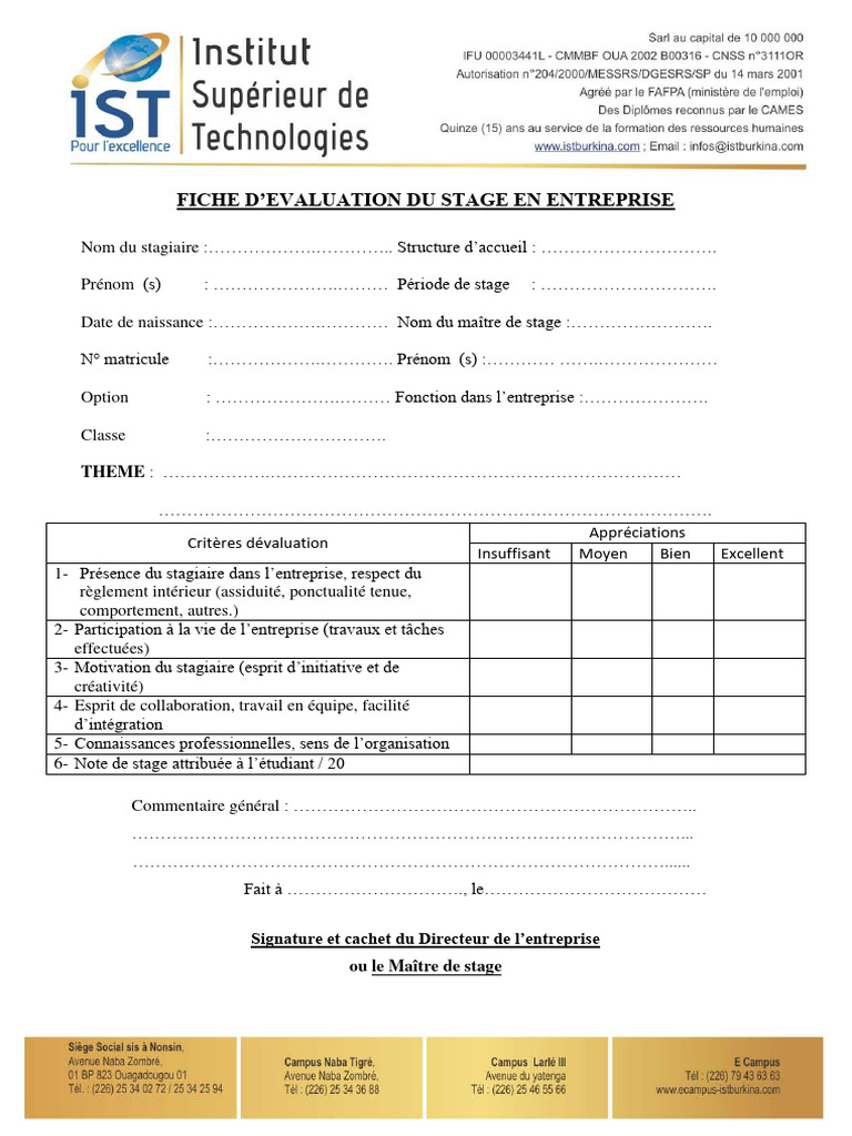 Fiche Evaluation Stage Entreprise-1 | PDF | Évolution de carrière