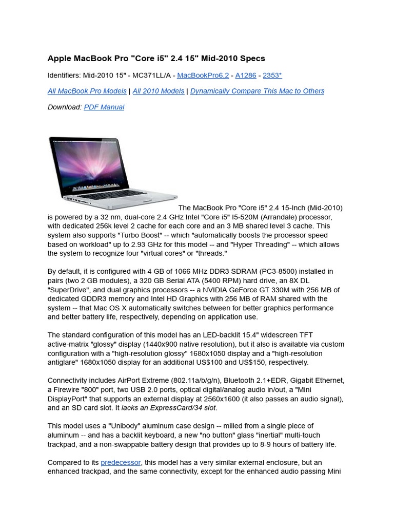 Apple MacBook Pro Core I5 2.4 15" Mid-2010 Specs | PDF | Personal ...