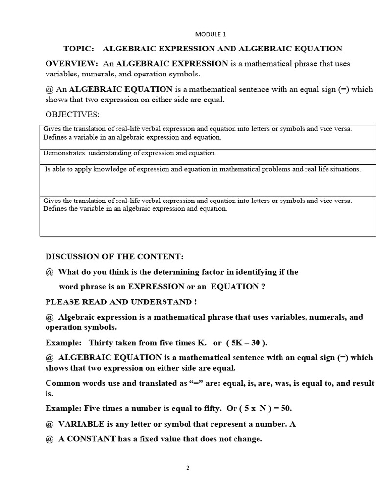 Module 1 | PDF | Equations | Variable (Mathematics)