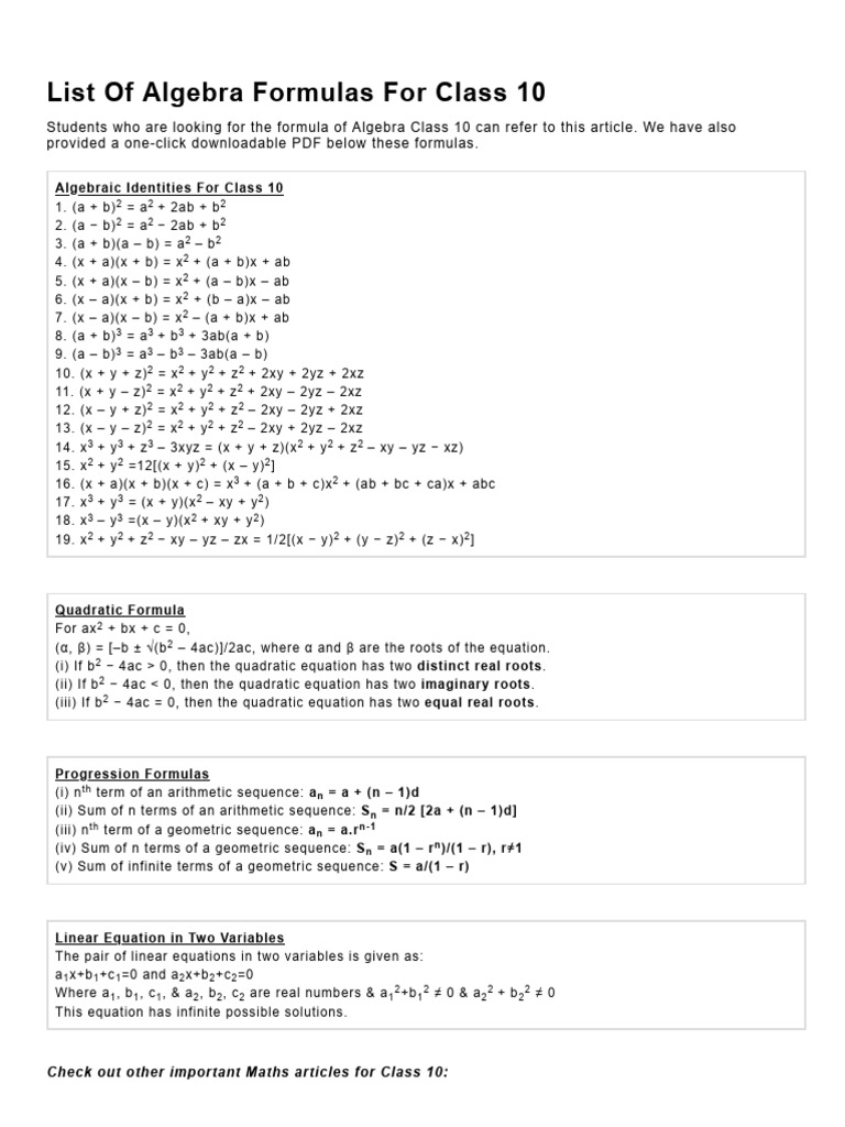 Quadratic Identities for Class 10 | PDF | Quadratic Equation | Equations
