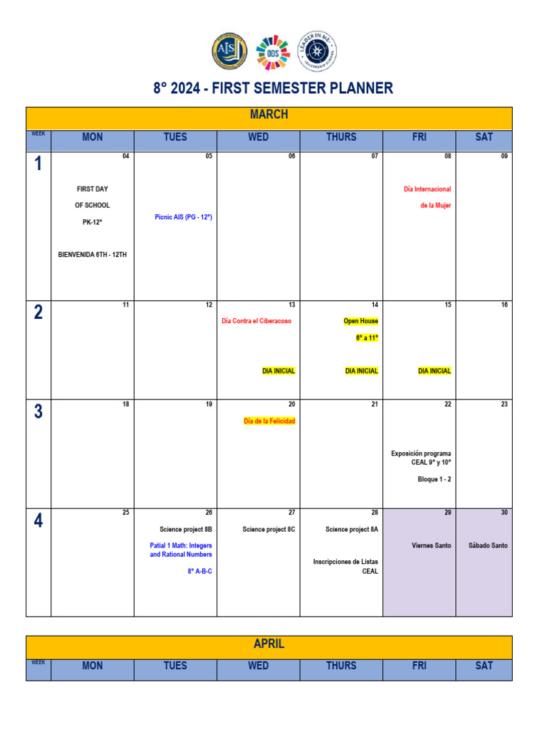 8° 2024 - First Semester Staff Planner | PDF