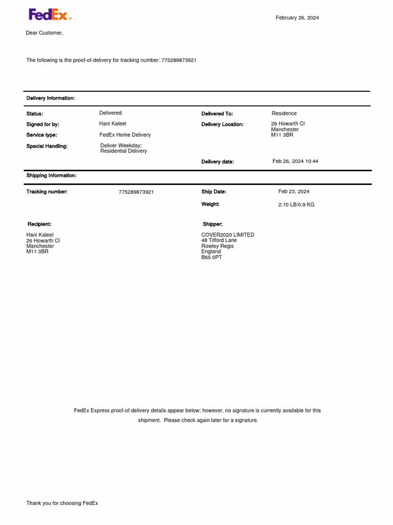 FedEx Proof of Delivery | PDF