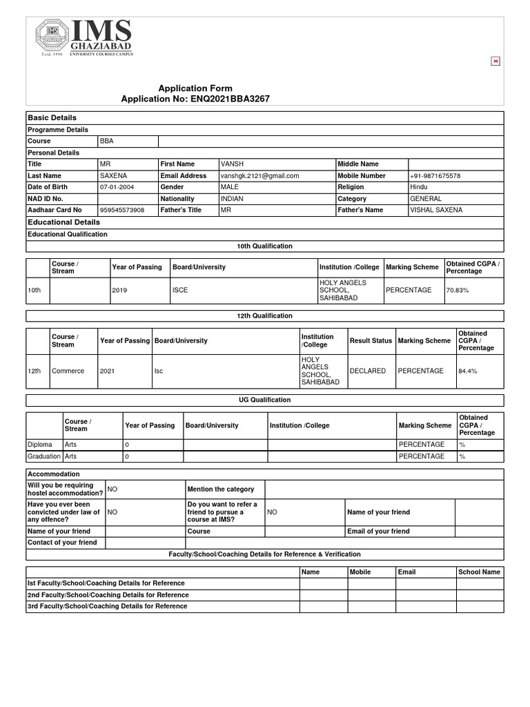 BBA Admission Application Form | PDF