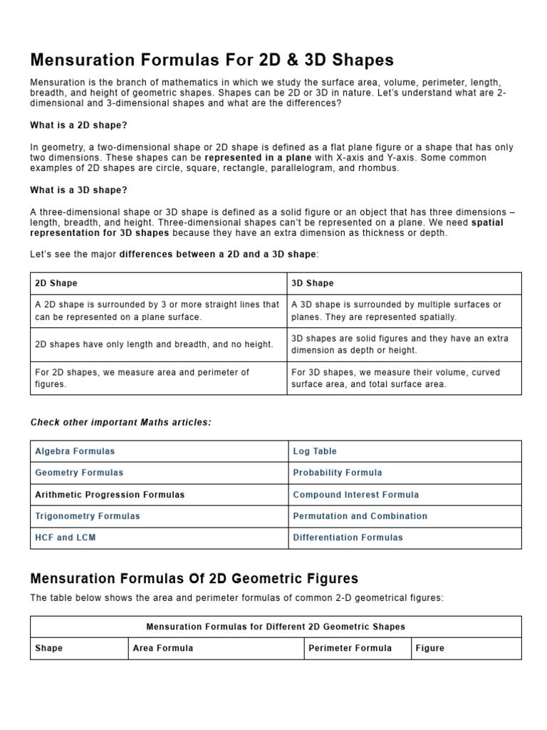 Mensuration-Formulas-For-2D-and-3D-Shapes | PDF | Area | Shape