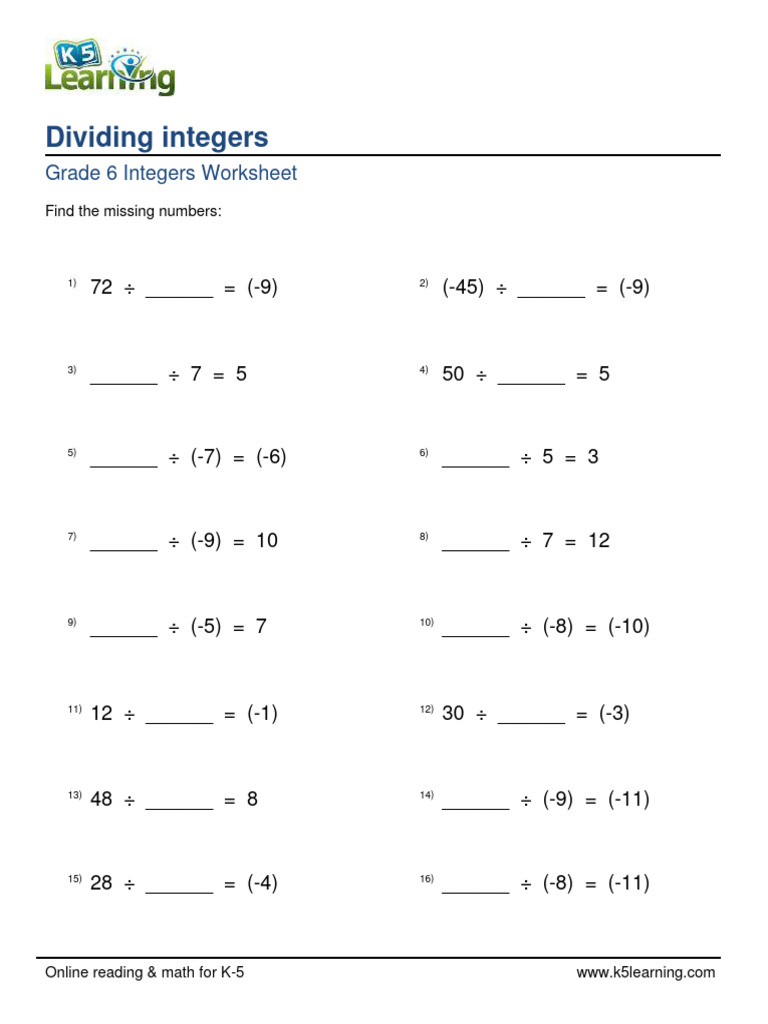 Grade 6 Division of Integers Missing Dividend or Divisor D | PDF