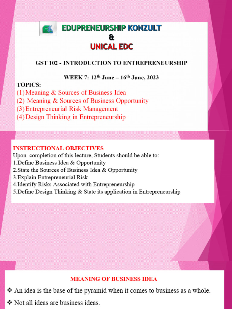 GST 102 Week 7 Lecture | PDF | Risk | Entrepreneurship