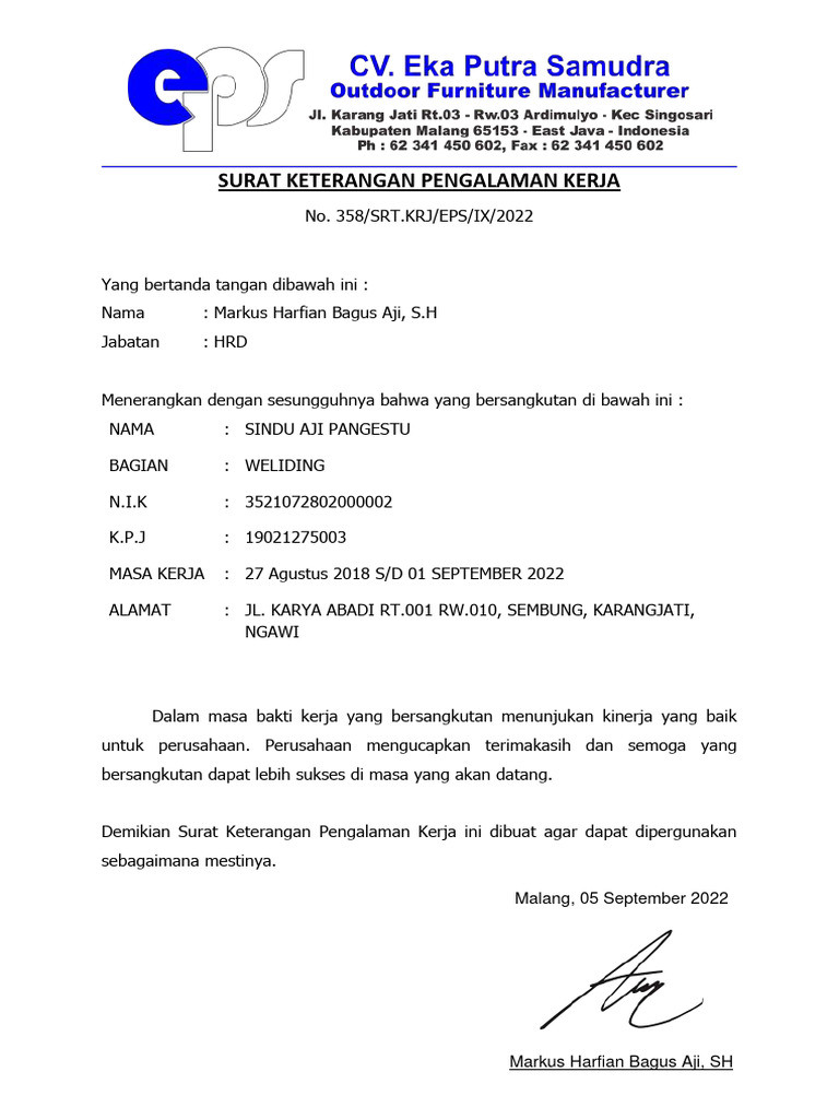 Surat Pengalaman Kerja Sindu | PDF