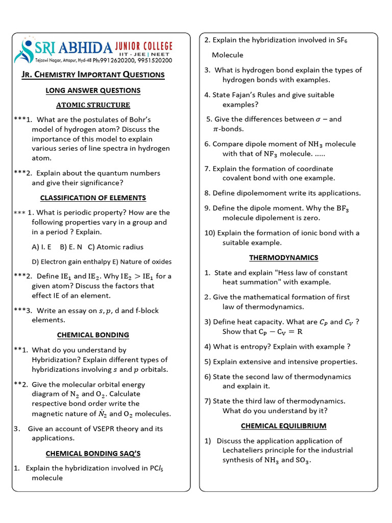 JR Chemistry Imp - Question - For Pf-1 | PDF | Chemical Bond | Chemistry