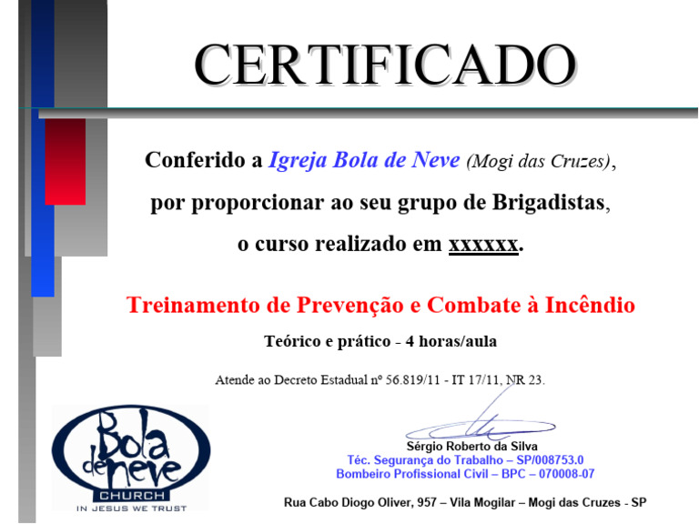 CERTIFICADO Brigada de Emergência - Igreja - Bola de Neve | PDF