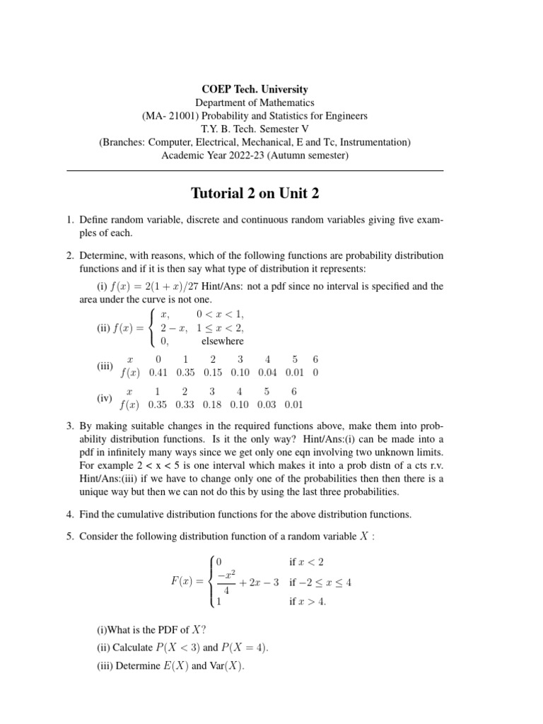 Tut2 Semv 2022 | PDF | Probability Distribution | Probability Density Function