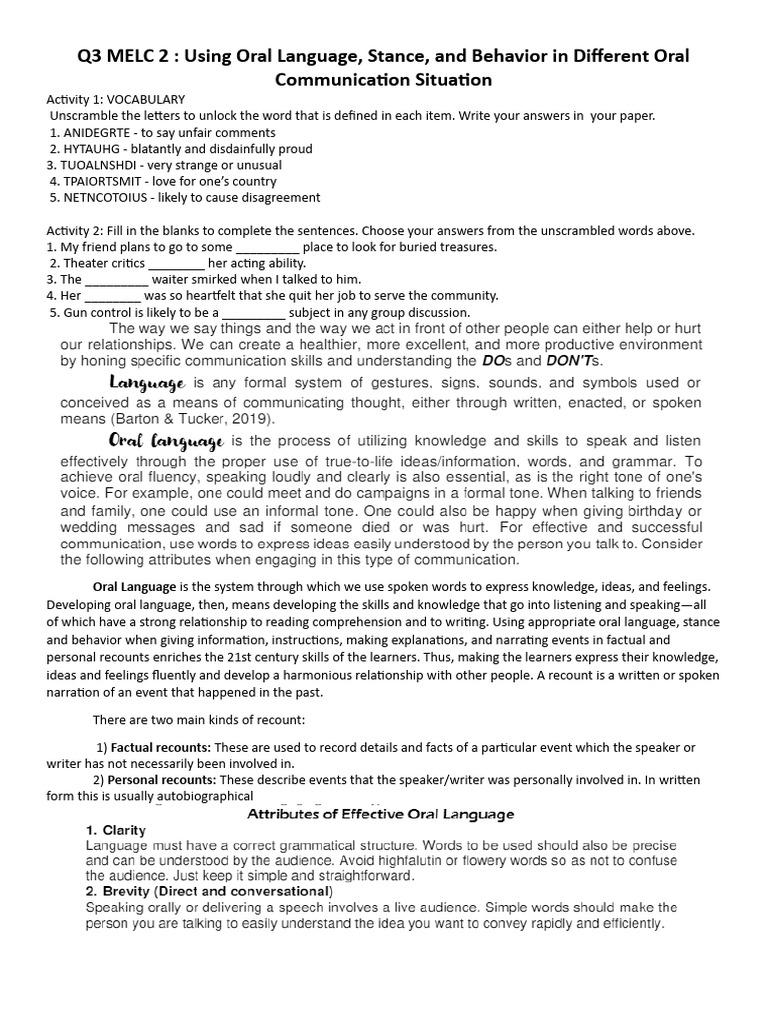 Worksheet M 2 Module Anguage Stance Behavior | PDF