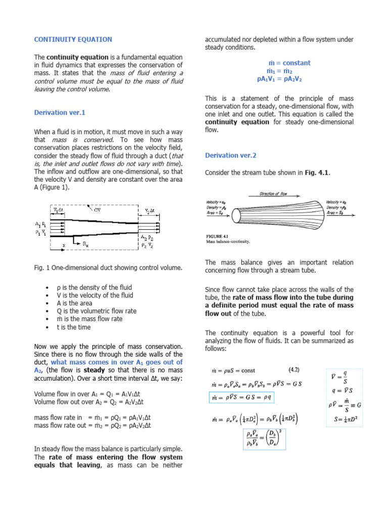 Handout - Continuity Equation | PDF | Fluid Dynamics | Liquids