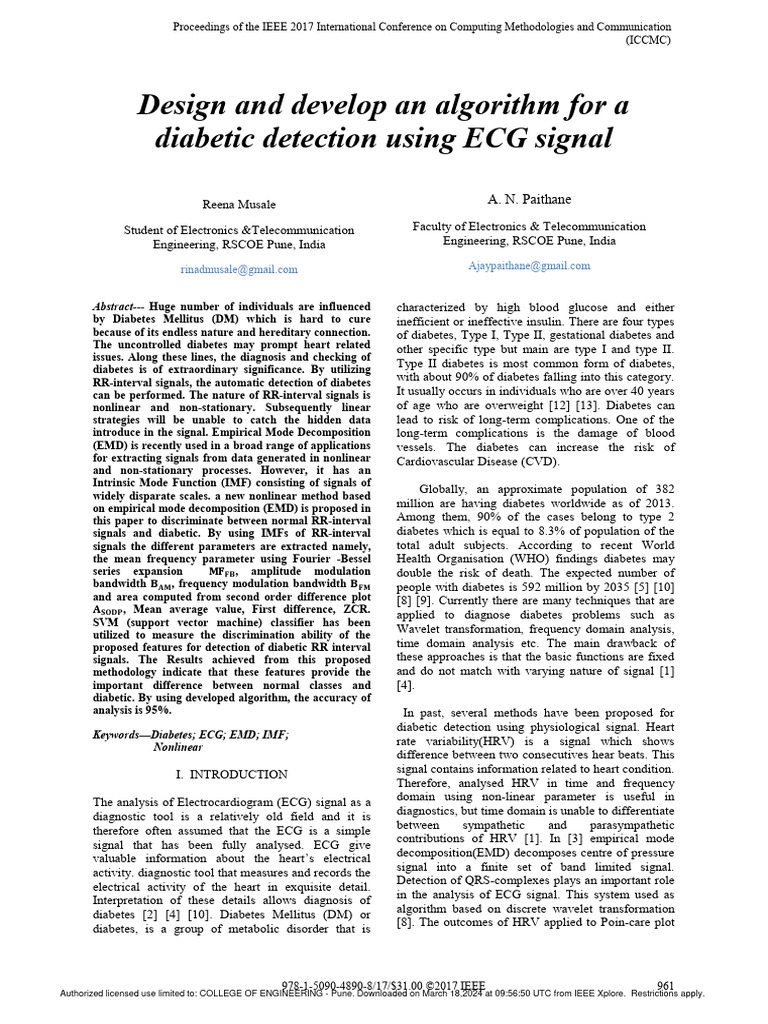 Design and Develop An Algorithm For A Diabetic Detection Using ECG Signal | PDF ...