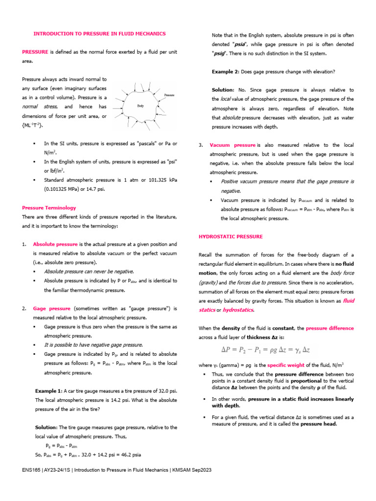 Handout - Introduction To Pressure in Fluid Mechanics v1 | PDF | Pressure | Pressure Measurement