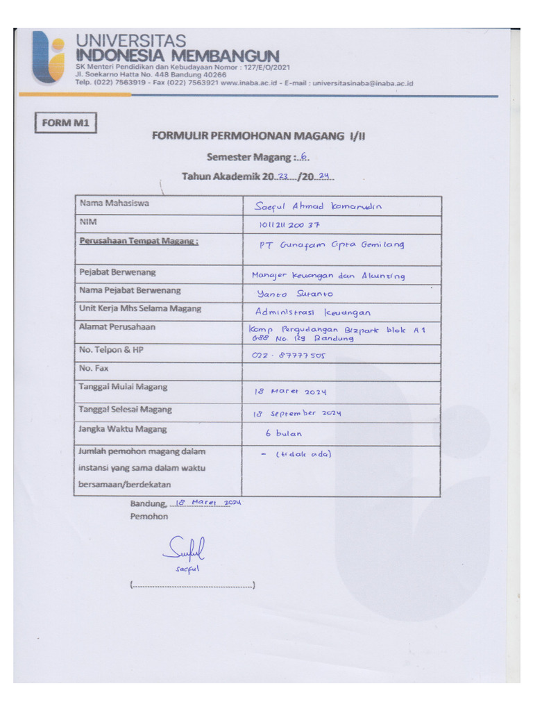 Form M1 - Saeful Ahmad K 101121120037 | PDF