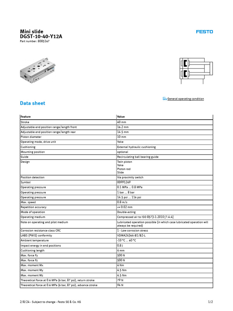 Mini Slide DGST-10-40-Y12A | PDF | Piston | Mechanical Engineering