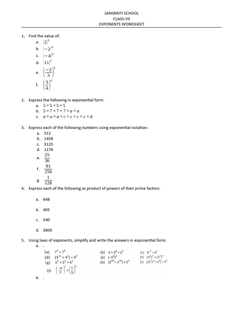 Exponents-Worksheet Class 7 | PDF | Sun | Exponentiation