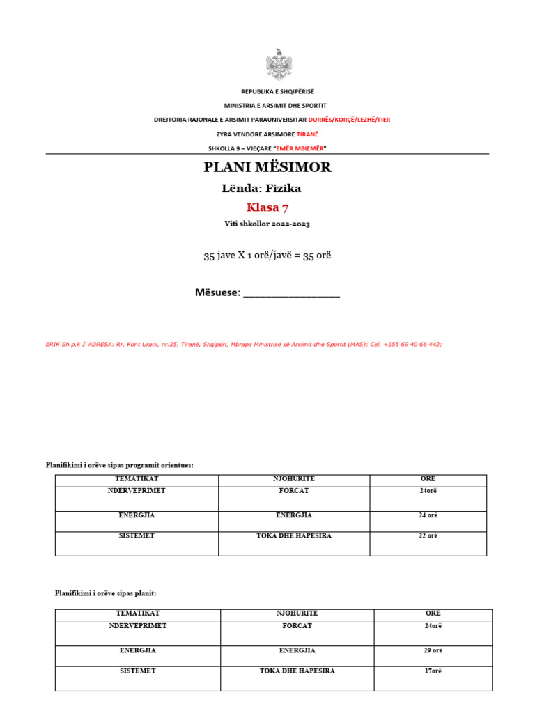 Plani Fizika 7-Erik - OK-2022 3 | PDF