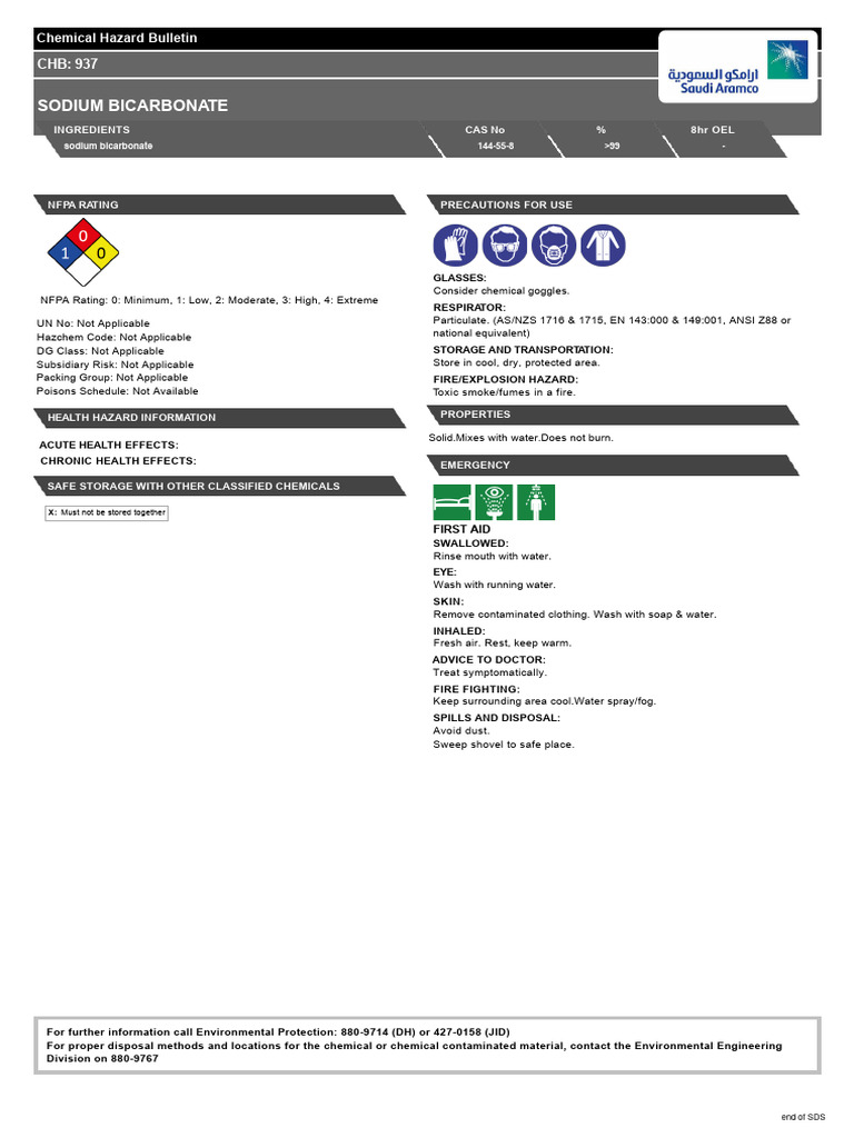 Sodium Bicarbonate Chemical Hazard Guide | PDF | Water | Hazards