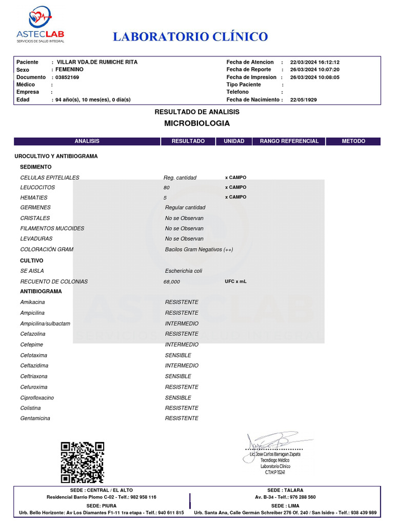 Resultados Urocultivo - Villar Rita - El Alto | PDF | Antibióticos | Medicina CLINICA