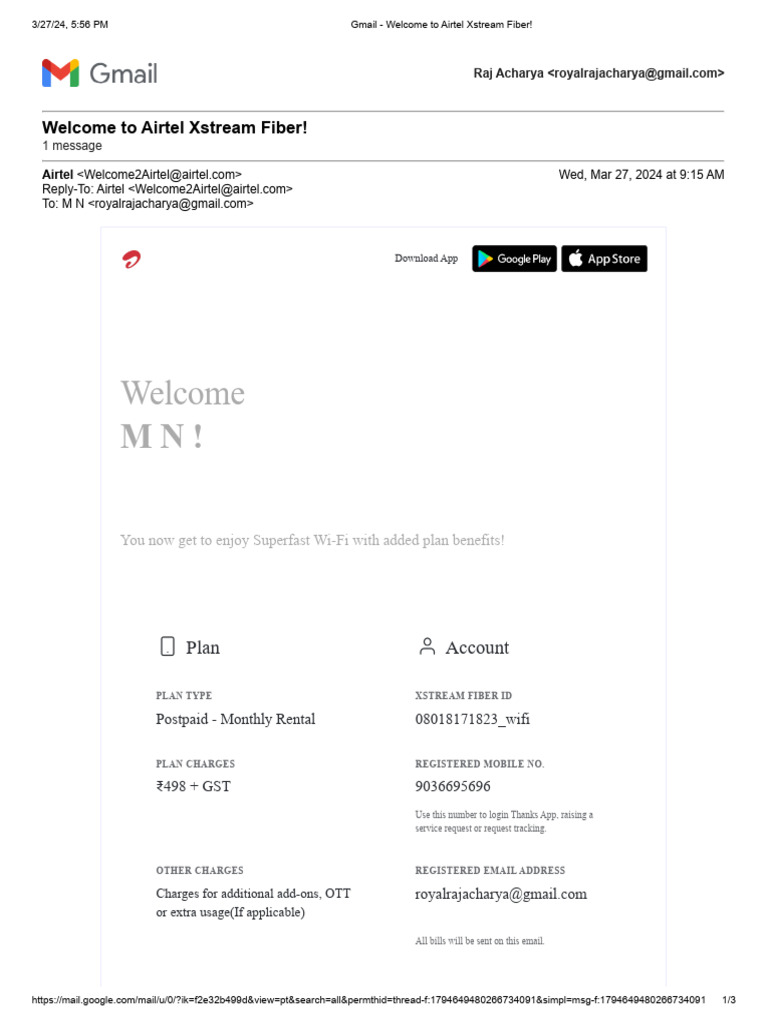 Welcome to Airtel Xstream Fiber Plan | PDF | Gmail | Software