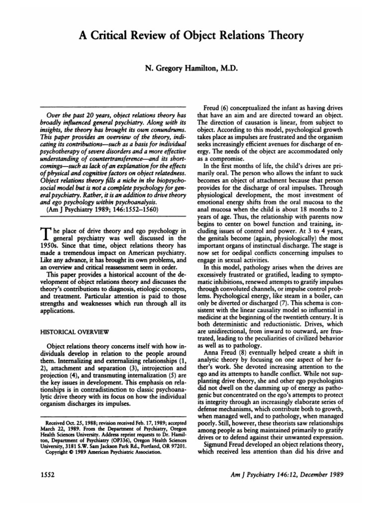 A Critical Review Of Object Relations Theory 1989 Pdf Object