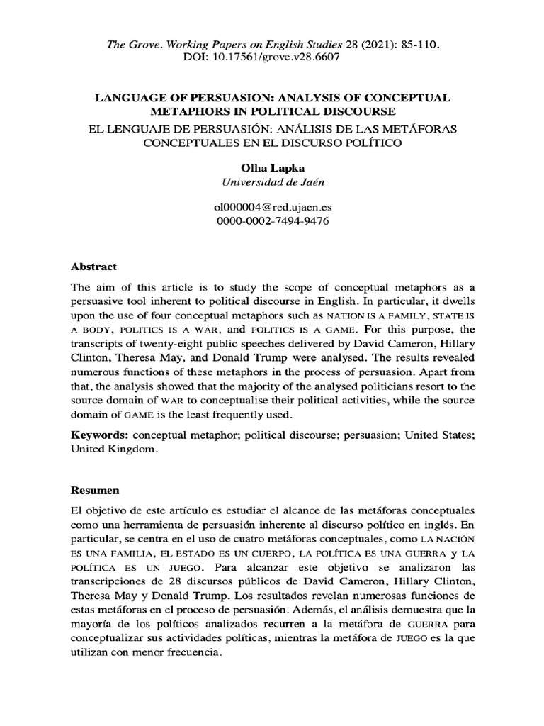 View of Language of Persuasion - Analysis of Conceptual Metaphors in Political Discourse | PDF