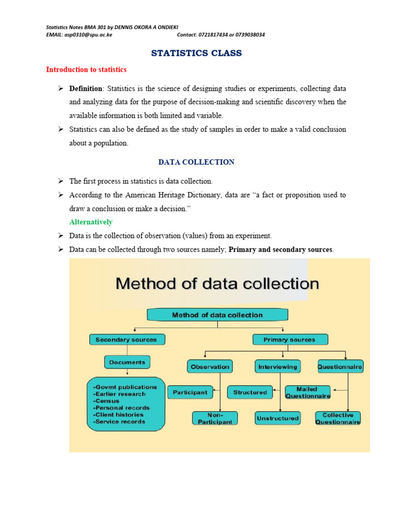 Bma 301 Statistics Class Notes DL | PDF | Mean | Level Of Measurement